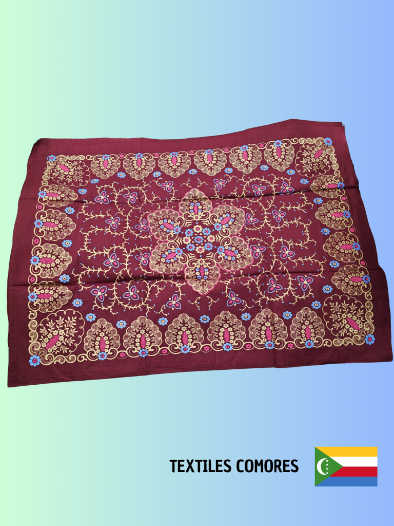 Kanga Chiromani motif fleur bordeaux - Textiles Comores - Tissus Comores
