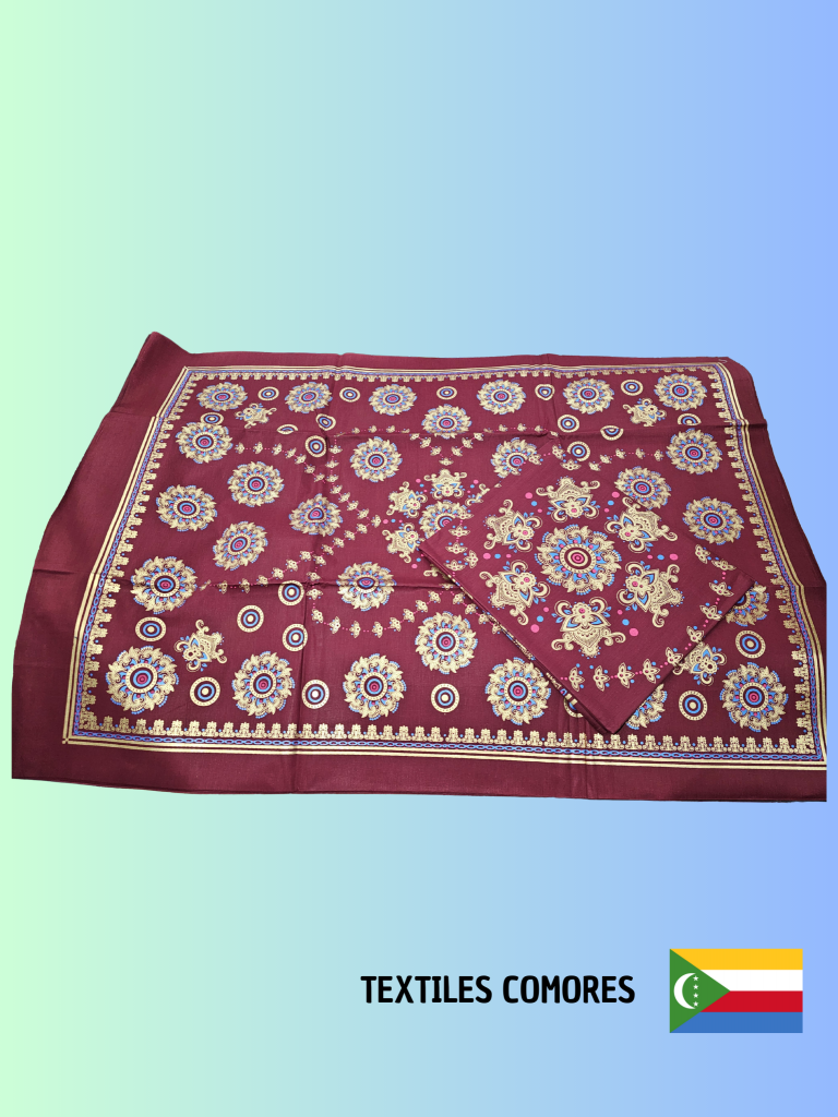 Kanga Chiromani motif rond bordeaux - Textiles Comores - Tissus Comores